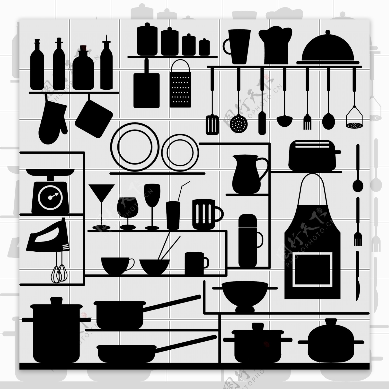 黑白厨房用品剪影图片素材-编号22846331-图行天下