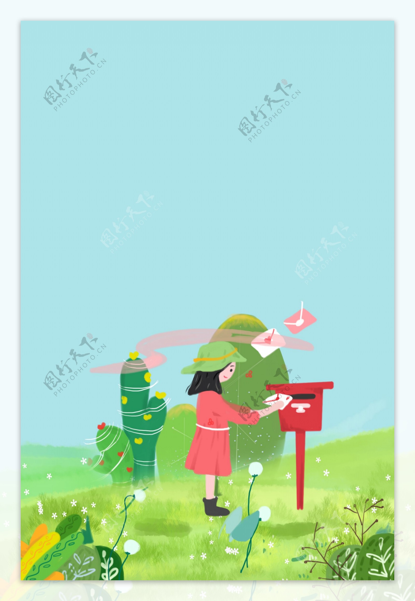 春日户外女孩寄信出行插画海报图片_广告背景_背景底纹-图行天下素材网